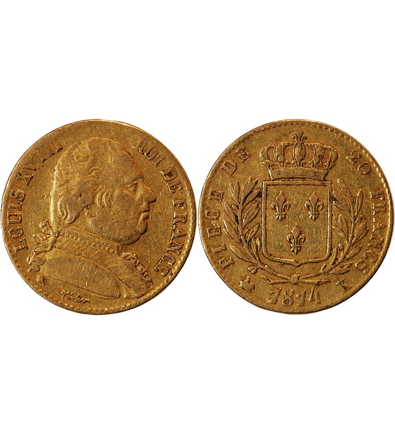 LOUIS XVIII - 20 FRANCS OR 1814 K BORDEAUX, Or, TB+ - Suffren Numismatique