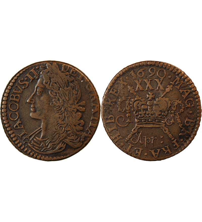IRLANDE, JAMES II - 30 PENCE APRIL 1690 - Gun Money Coinage, Laiton ...