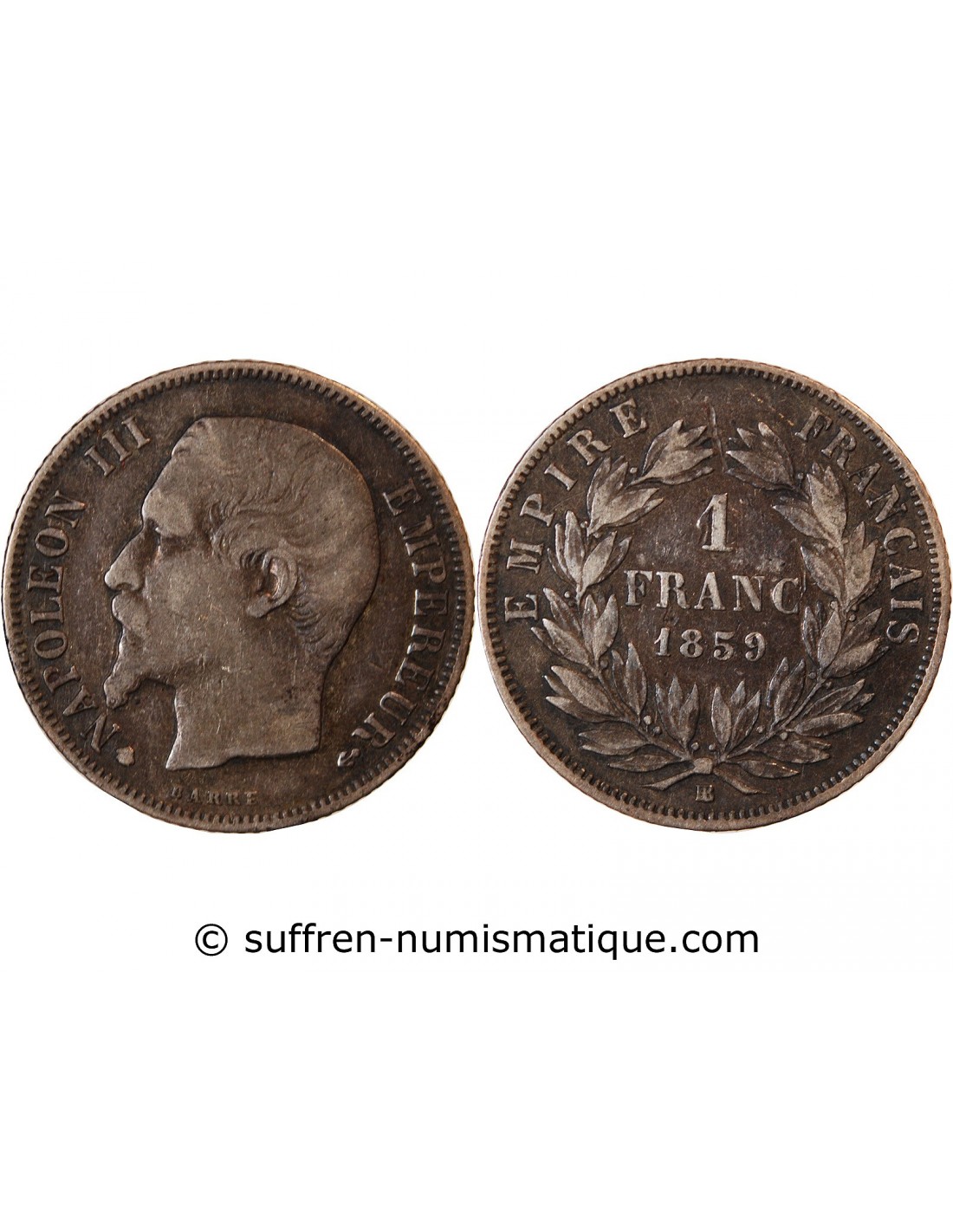 NAPOLEON III - 1 FRANC ARGENT 1859 BB STRASBOURG, Argent, TB+ - Suffren ...