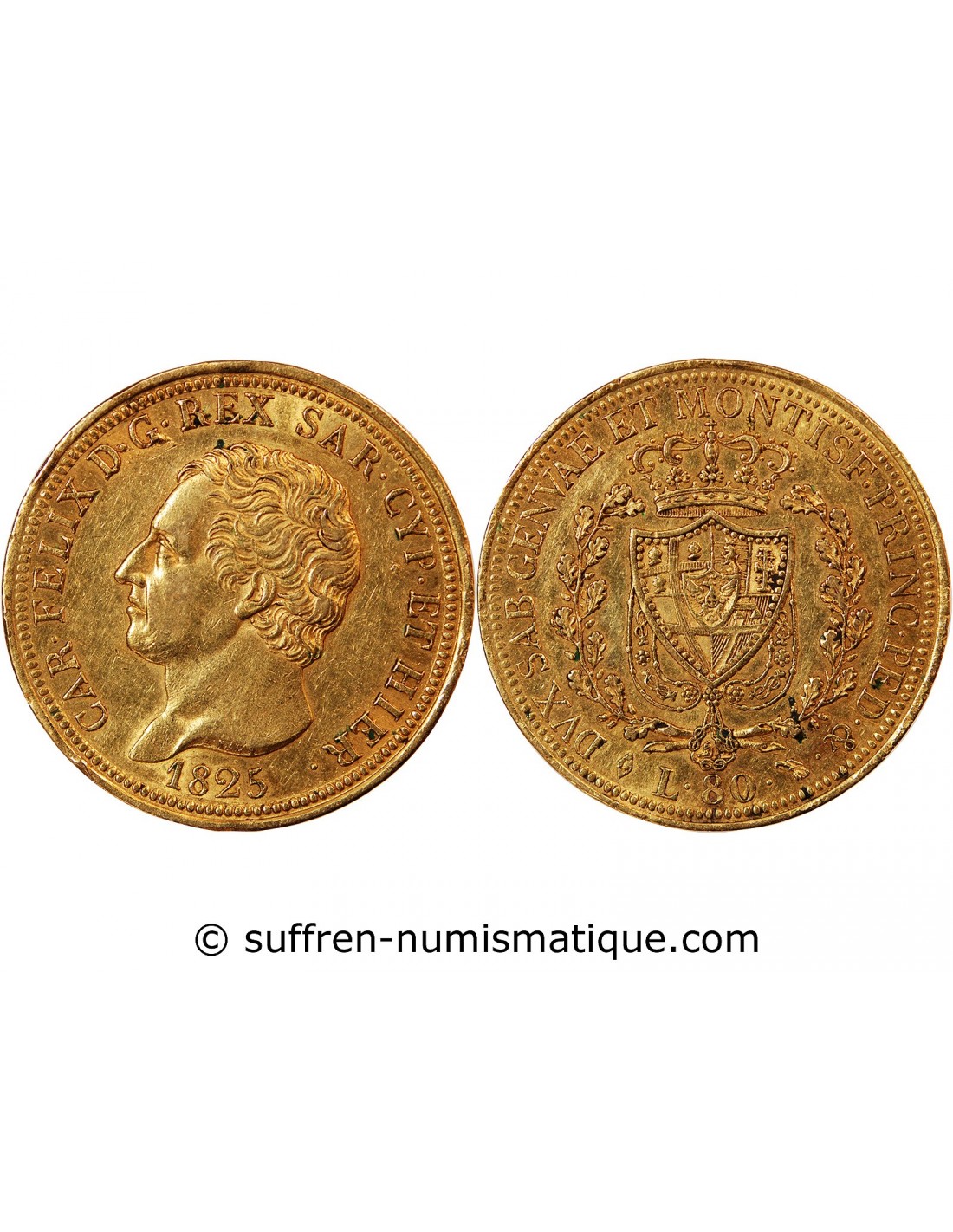 ITALIE, SARDAIGNE, CHARLES FELIX - 80 LIRE OR 1825 L TURIN, Or, TTB ...