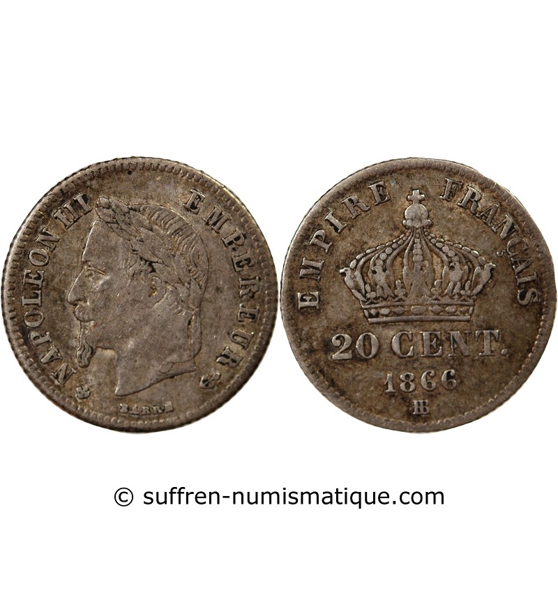 NAPOLEON III, TÊTE LAURÉE - 20 CENTIMES ARGENT 1866 BB STRASBOURG, Argent, TB+ - Suffren ...