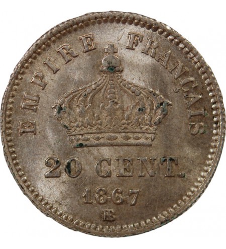 NAPOLEON III, TÊTE LAURÉE - 20 CENTIMES ARGENT 1867 BB STRASBOURG, Argent, SUP - Suffren ...