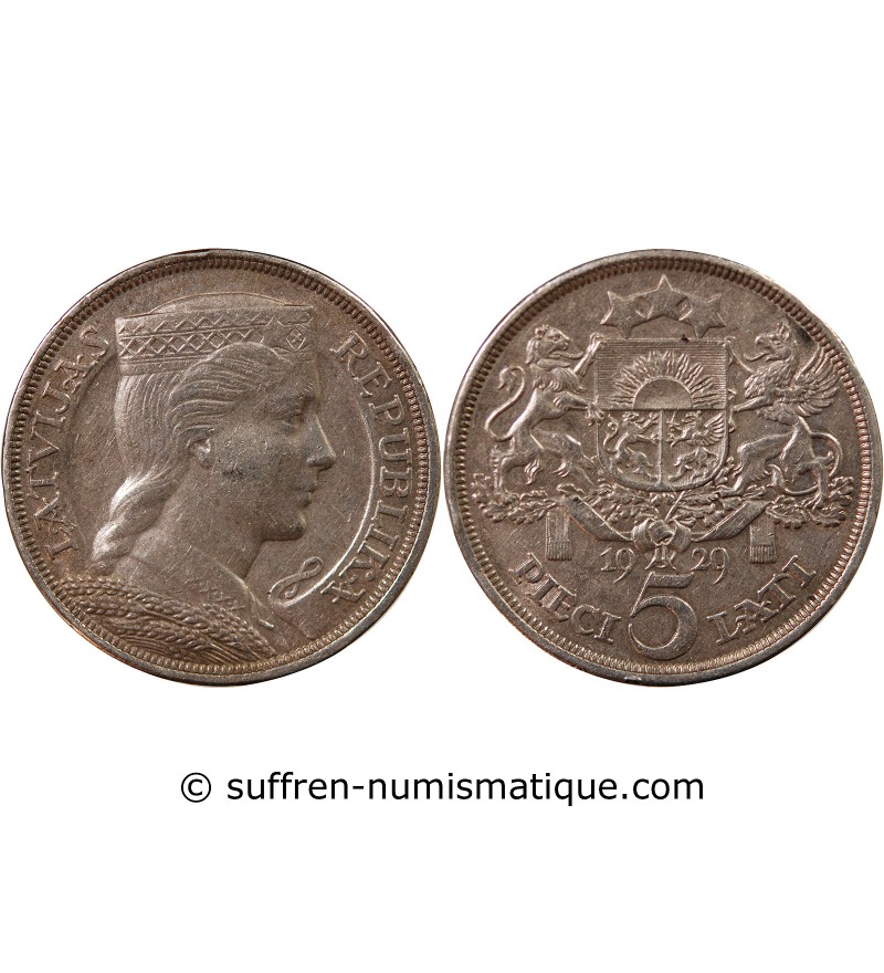 LETTONIE - 5 LATI ARGENT 1929, Argent, - Suffren Numismatique