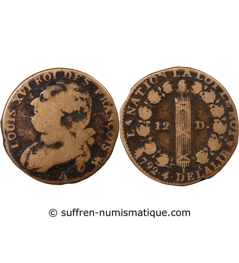 LOUIS XVI, CONSTITUTION - 12 DENIERS 1792 A PARIS, Cuivre, TB-/TB ...