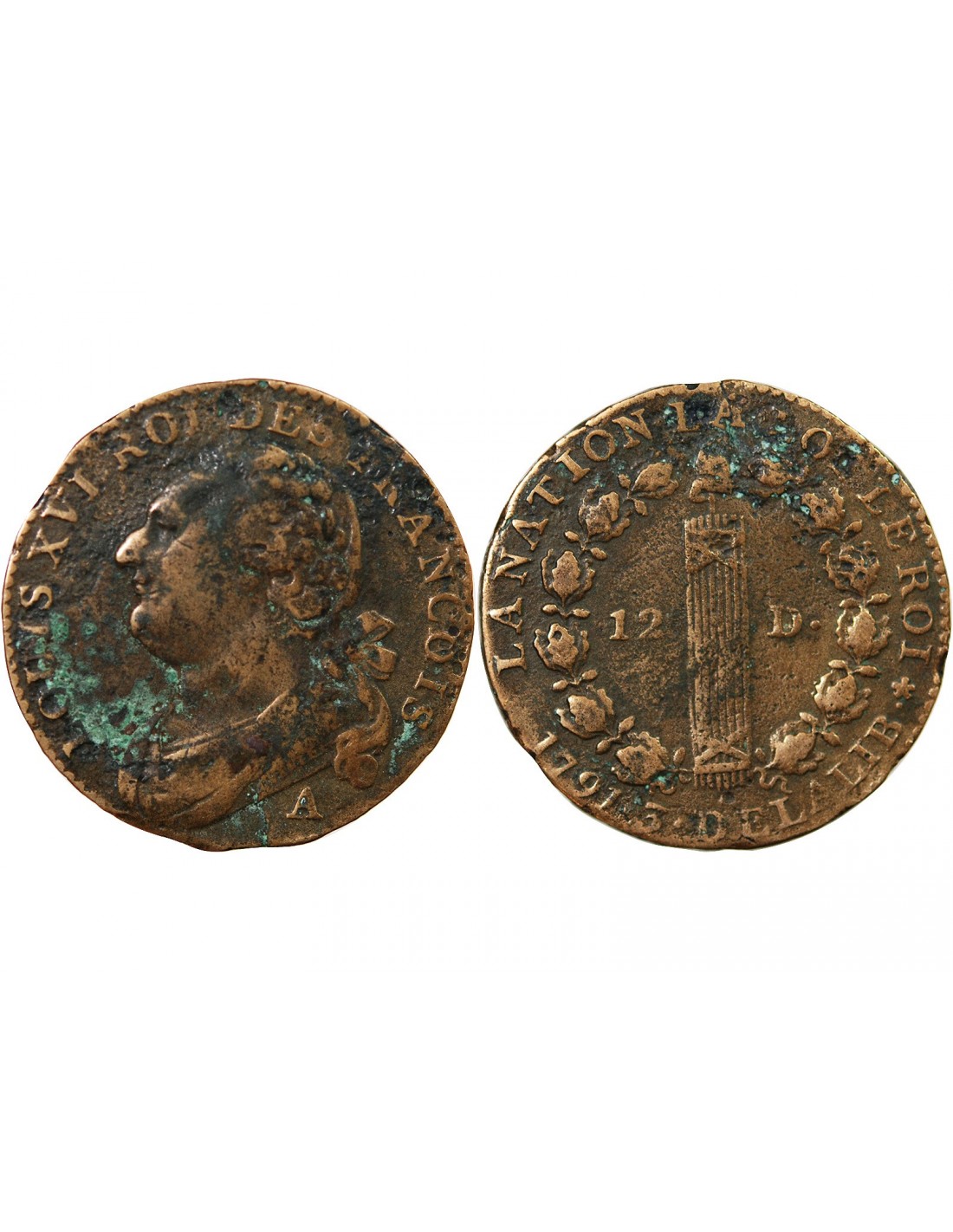 LOUIS XVI, CONSTITUTION - 12 DENIERS 1792 A PARIS, Cuivre, TB+ ...