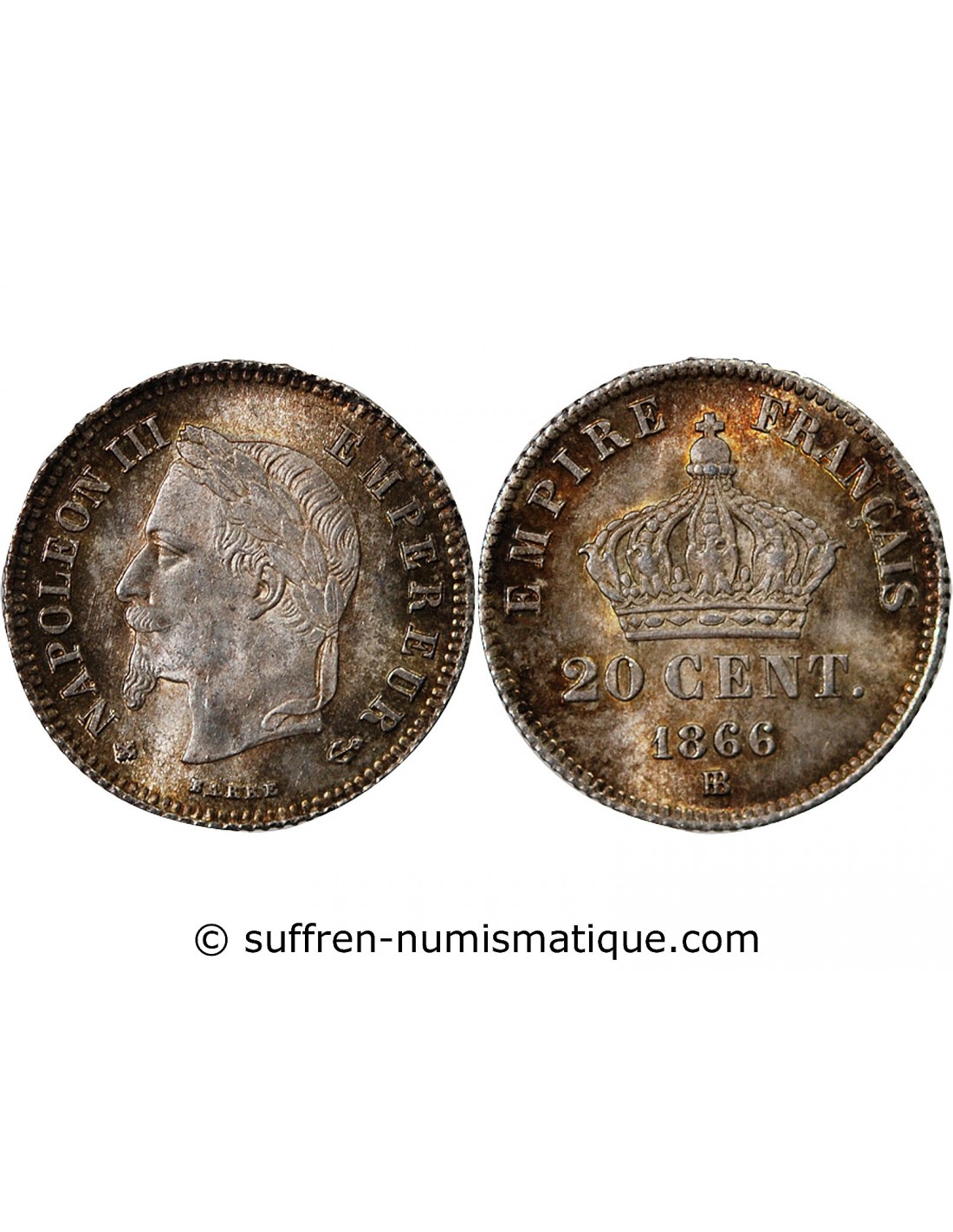 NAPOLEON III TÊTE LAURÉE - 20 CENTIMES ARGENT 1866 BB STRASBOURG, Argent, - Suffren Numismatique
